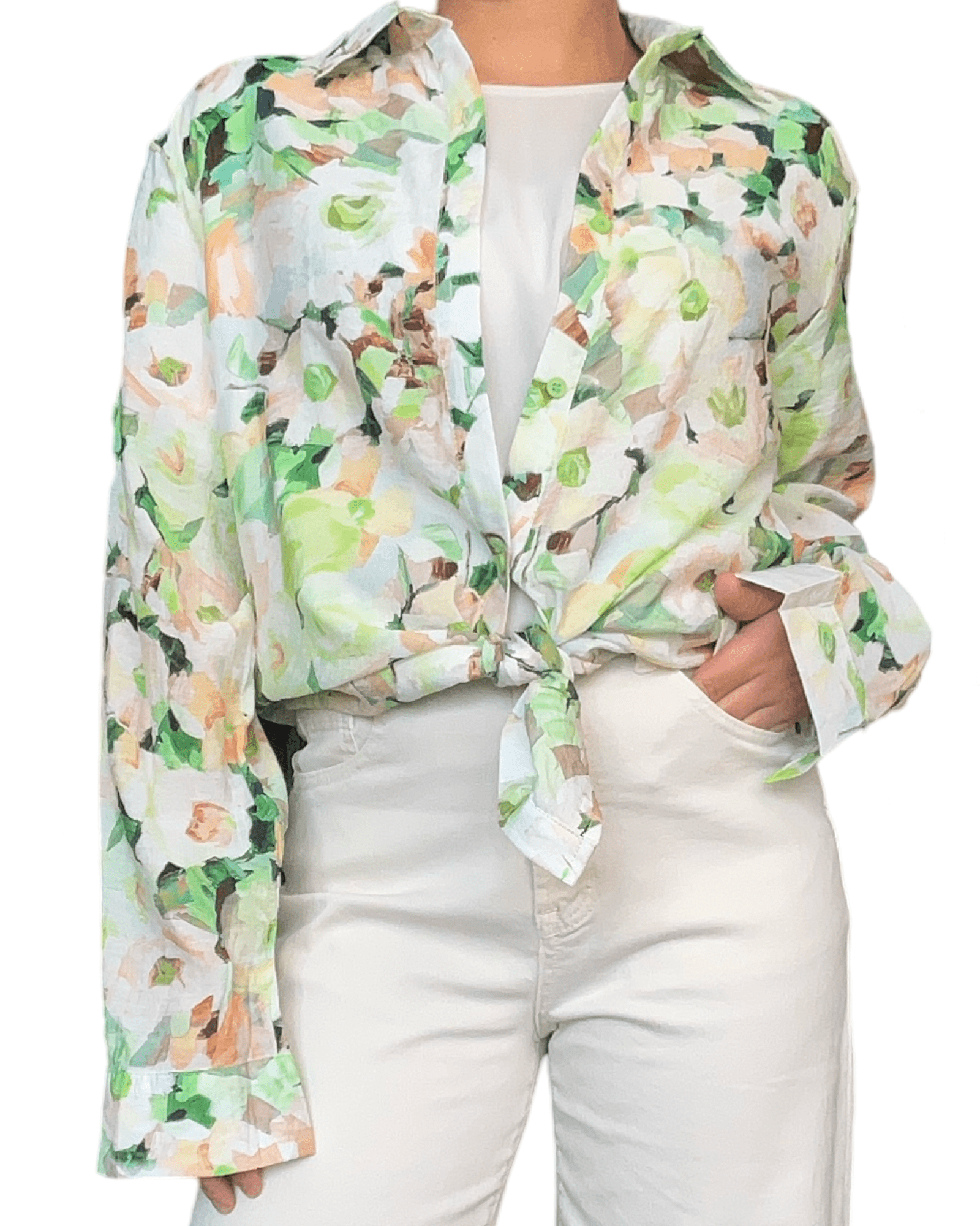 Chemise avec imprimé floral vert et beige pour femme